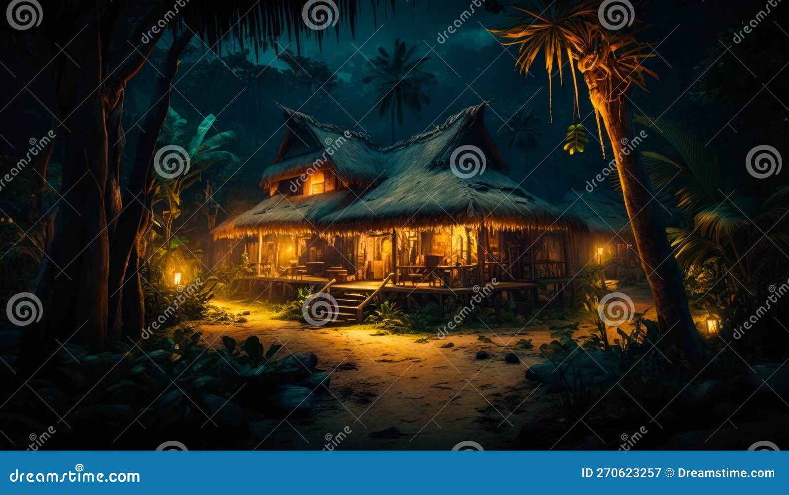 Night Scene with Hut in the Jungle Generative AI Stock Illustration ...