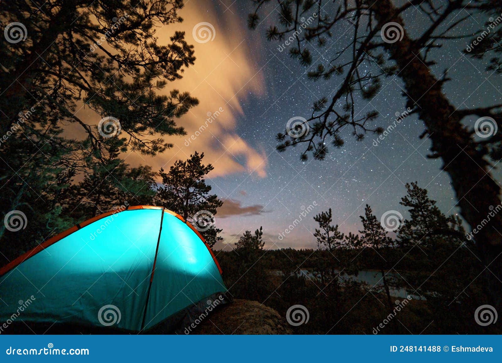 Night Scene with Illuminated Camping Tent, Forest, Starry Sky and ...