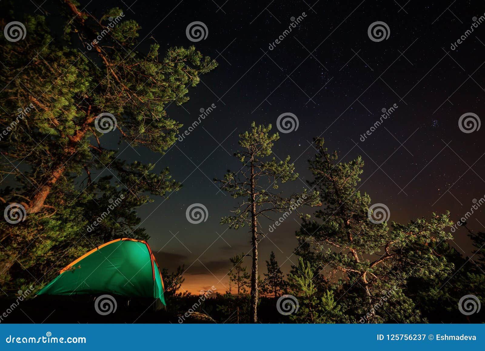 Night Scene with Illuminated Camping Tent, Forest and Starry Sky Stock ...