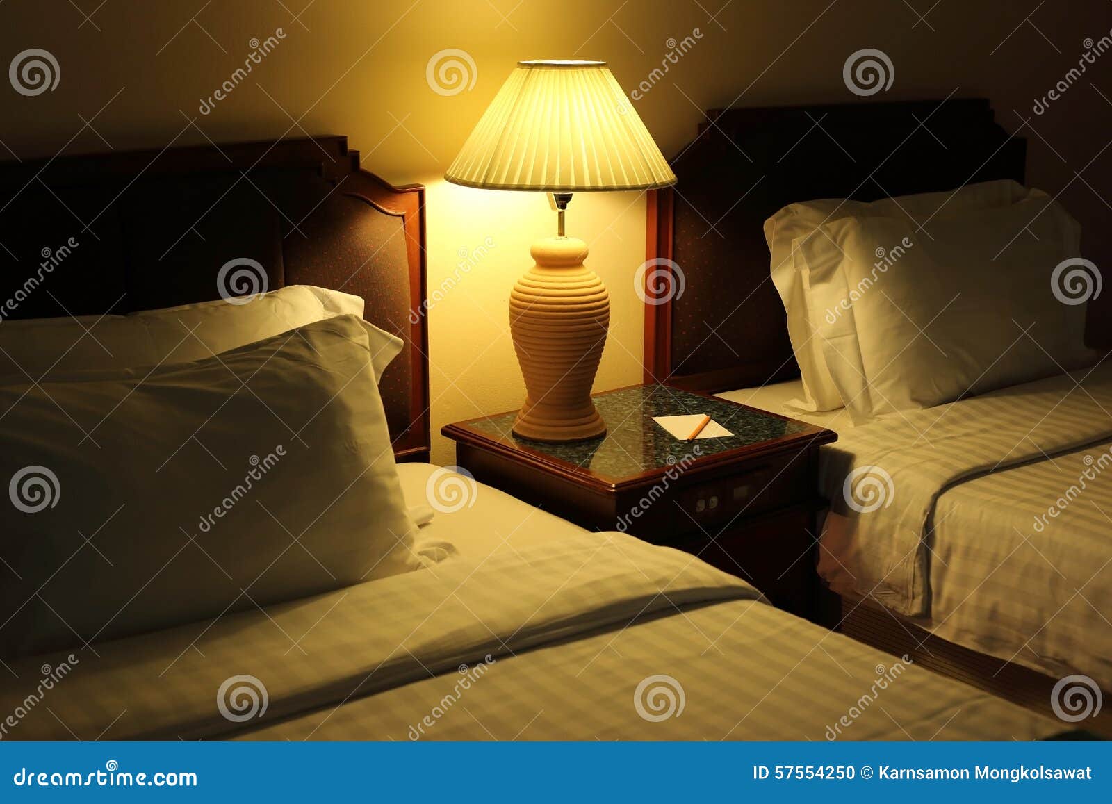 Night Scene Image of Comfortable Pillows and Bed. Stock Photo - Image ...