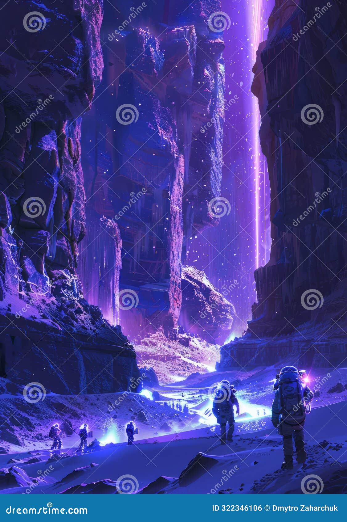 Night Scene on Mars with Astronauts Using Lights To Explore a Cavern ...