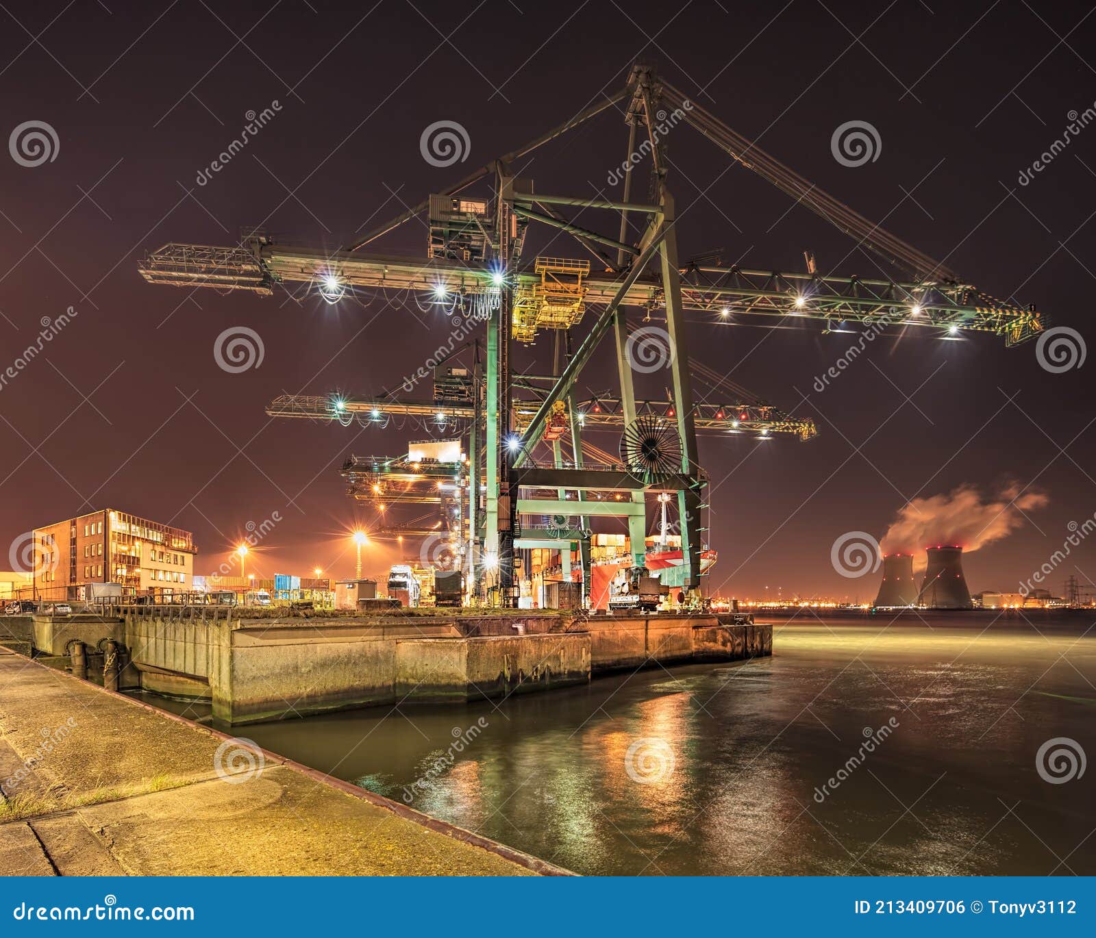 Night Scene with Massive Crane on Illuminated Container Terminal Stock ...