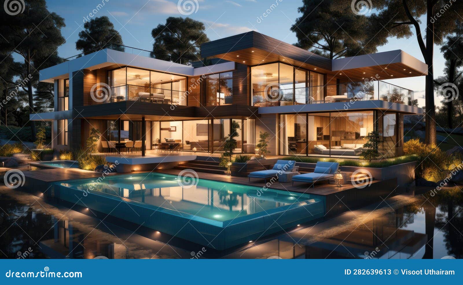 Night Scene of Modern Luxurious House with Swimming Pool Stock ...
