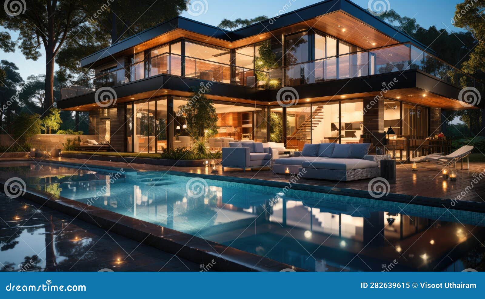 Night Scene of Modern Luxurious House with Swimming Pool Stock ...