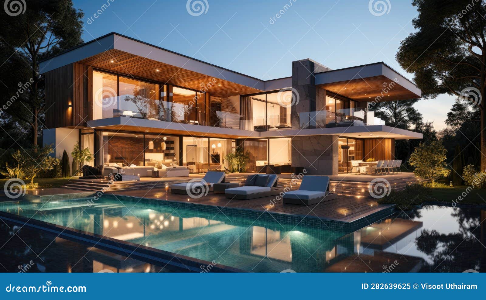 Night Scene of Modern Luxurious House with Swimming Pool Stock ...