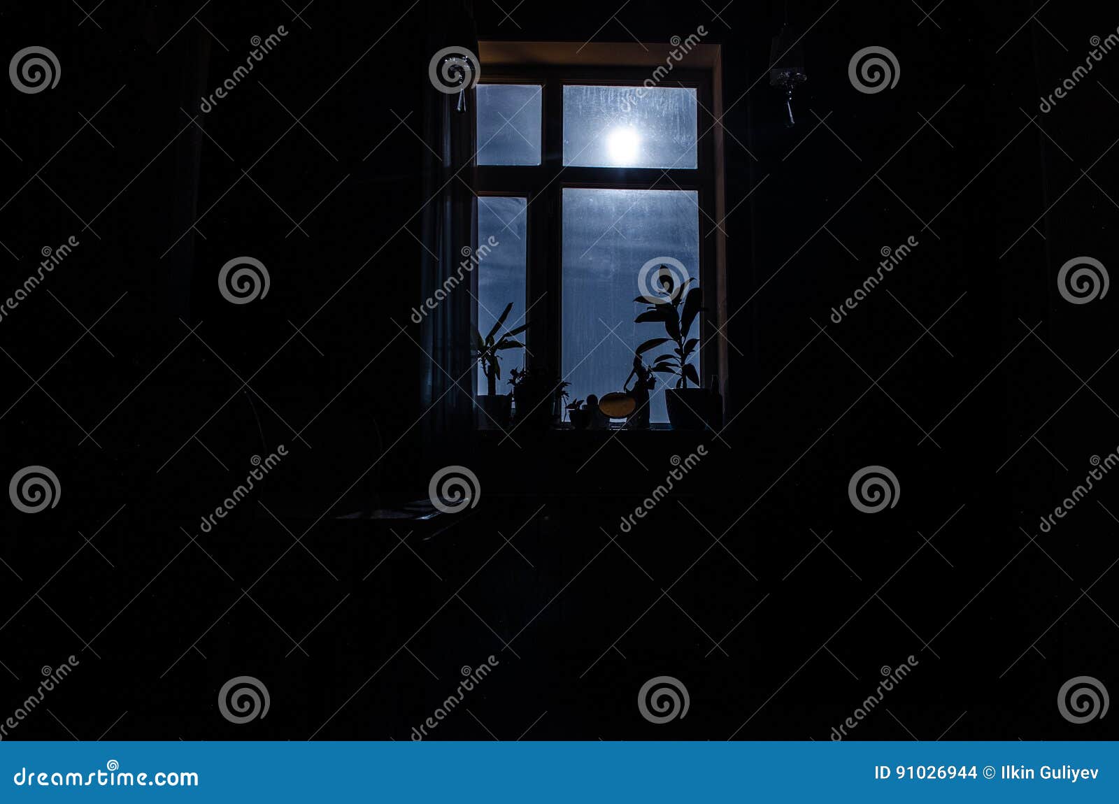 Night Scene of Moon Seen through the Window from Dark Room Stock Photo ...