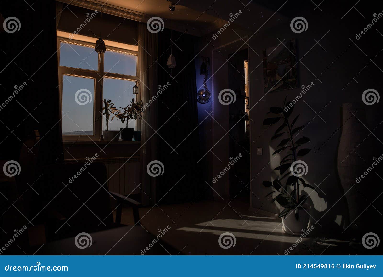 Night Scene of Moon Seen through the Window from Dark Room. Moonlight ...