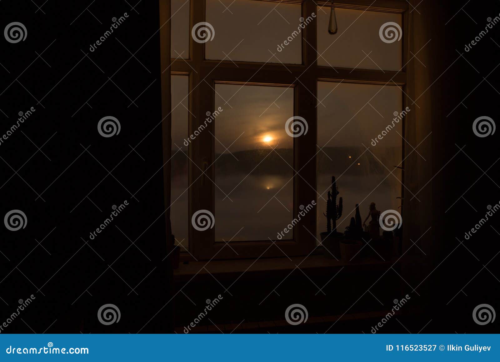 Night Scene of Moon Seen through the Window from Dark Room. Moonlight ...