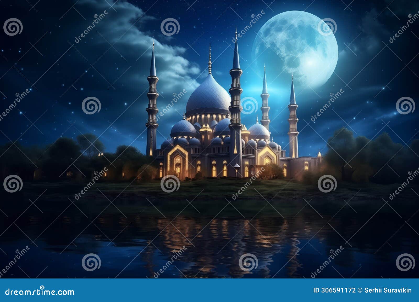 Night Scene of Mosque with Full Moon Stock Photo - Image of religious ...