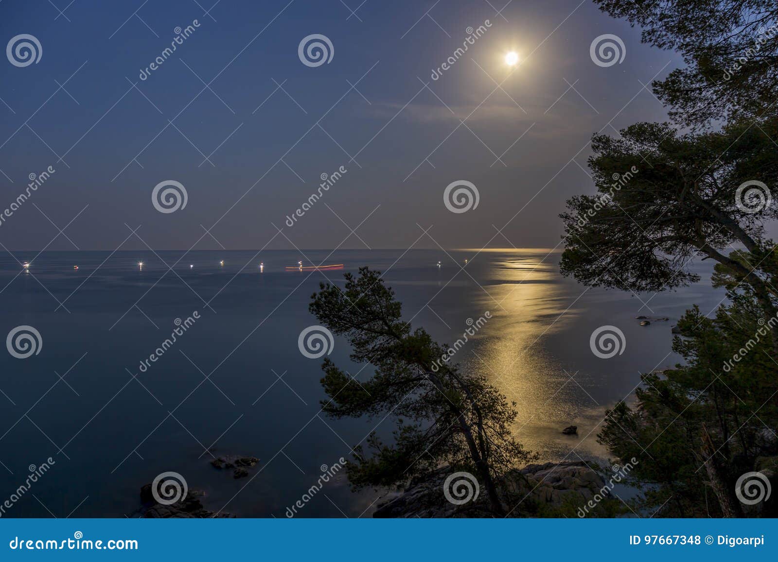 Night Scene Over the Ocean with Moon Stock Photo - Image of dark ...