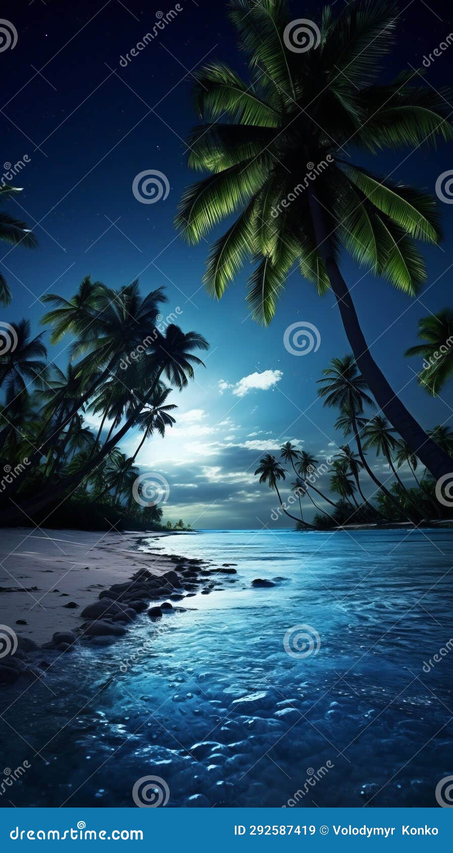 A Night Scene with Palm Trees and the Ocean Stock Illustration ...