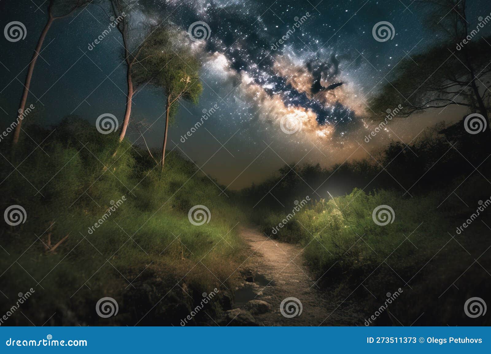 A Night Scene with a Path Leading To a Forest with Stars in the Sky ...