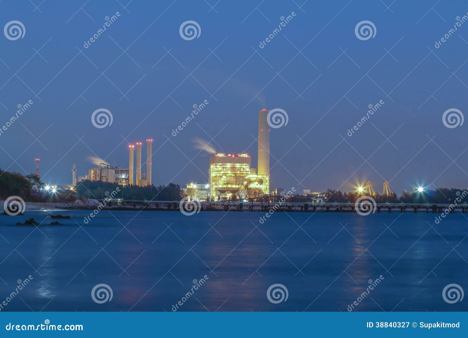 Night Scene of Power Plant with Bay Stock Image - Image of water ...