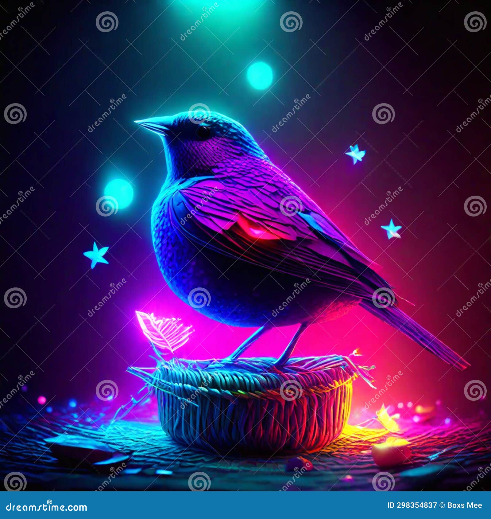 Night Scene with a Red Robin in Neon Light. Vector Illustration Stock ...
