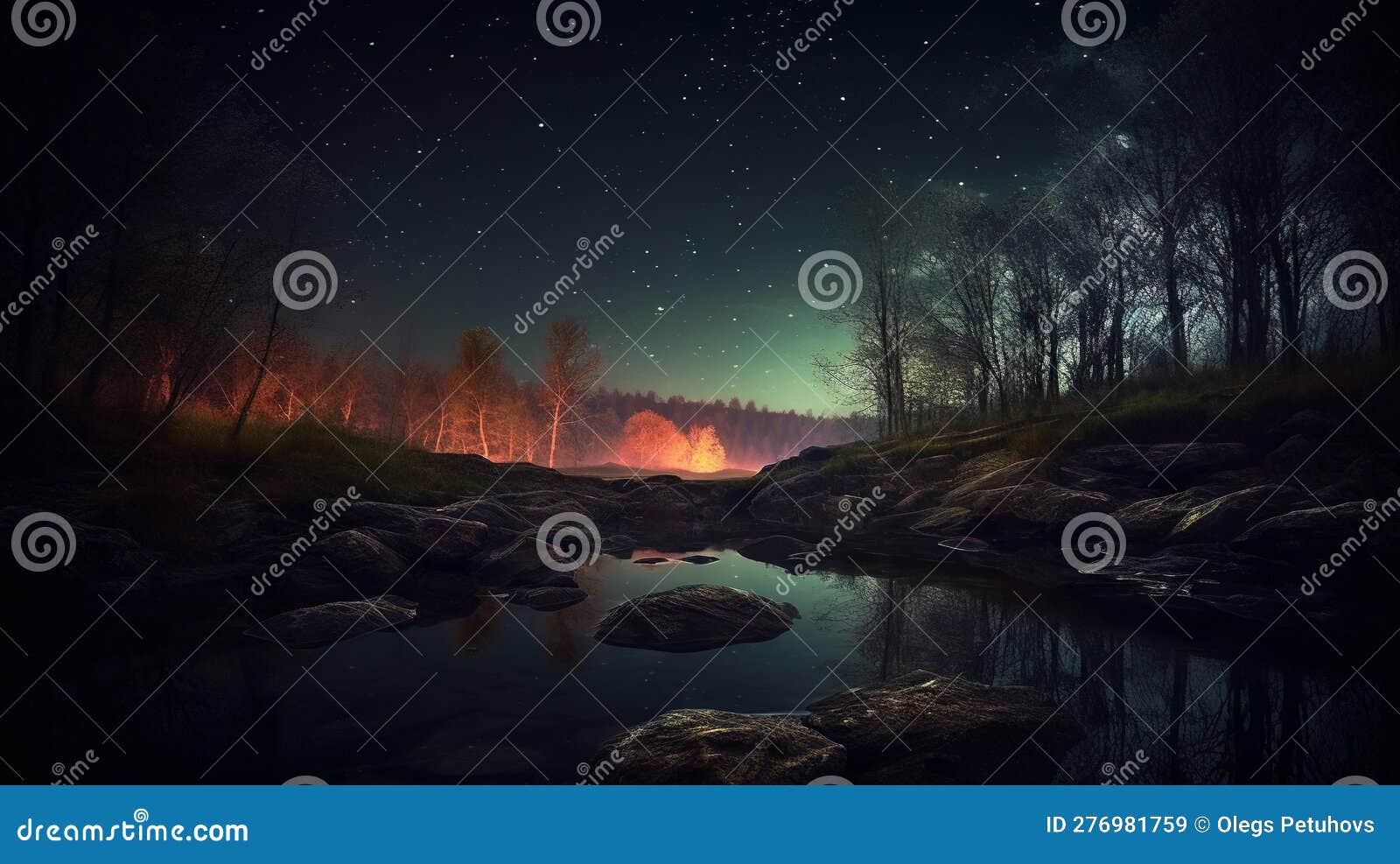 A Night Scene with a River and Trees in the Background Stock ...