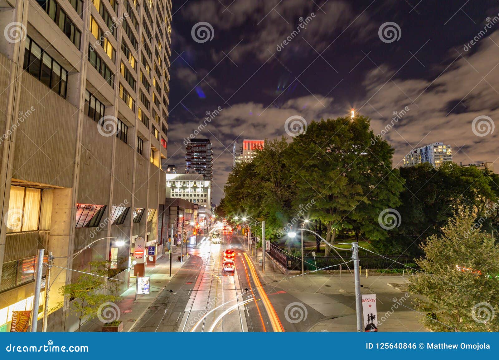 Night Scene Skyline of Toronto Ontario Canada. Car Lights Trails on the ...
