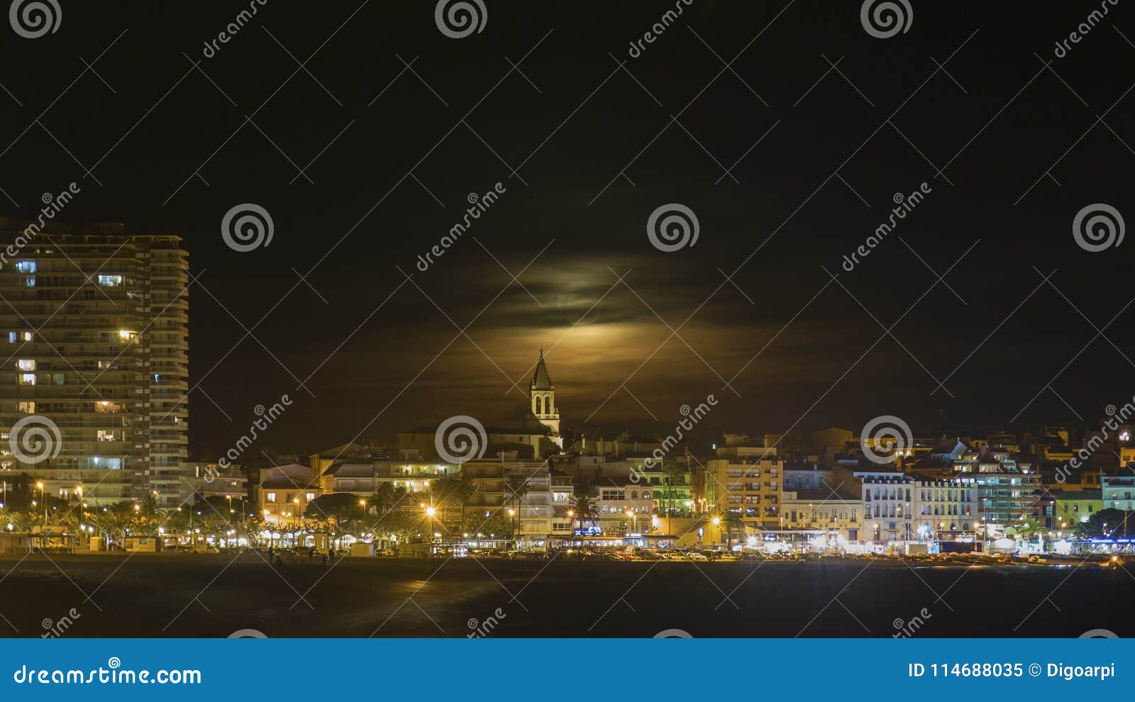 Night Scene from a Small Mediterranean Town Palamos in Spain Stock ...