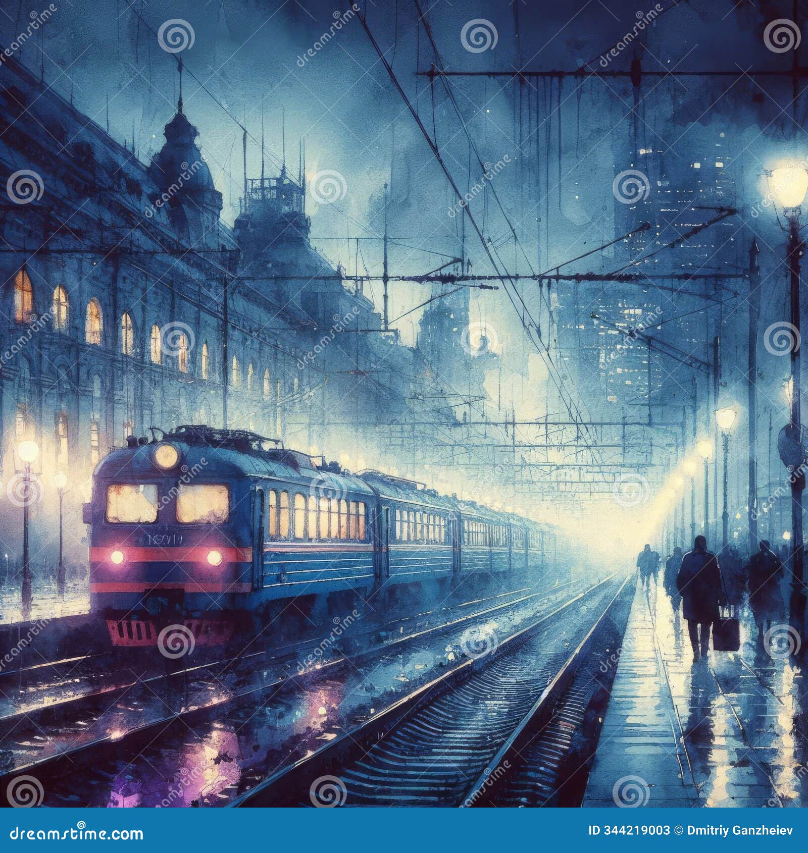Midnight Rain at Soviet Platform Stock Illustration - Illustration of ...