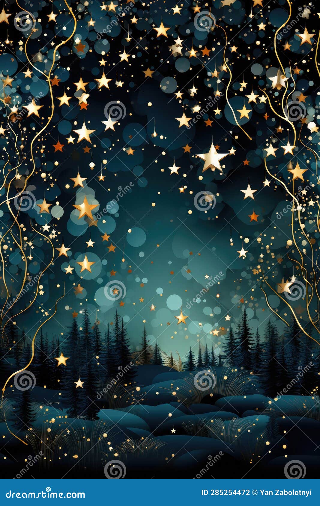 A Night Scene with Stars and Trees Stock Illustration - Illustration of ...