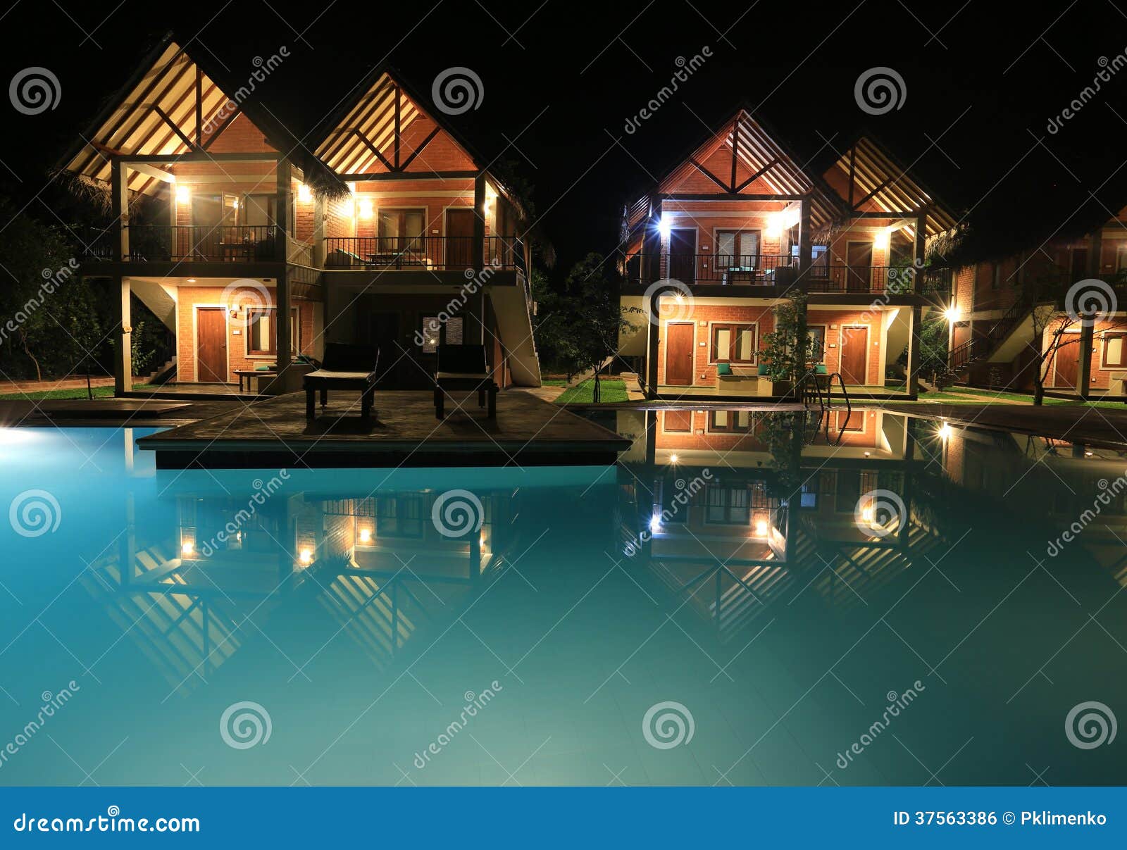 Night Scene with Swimming Pool and Houses Stock Photo - Image of cosy ...
