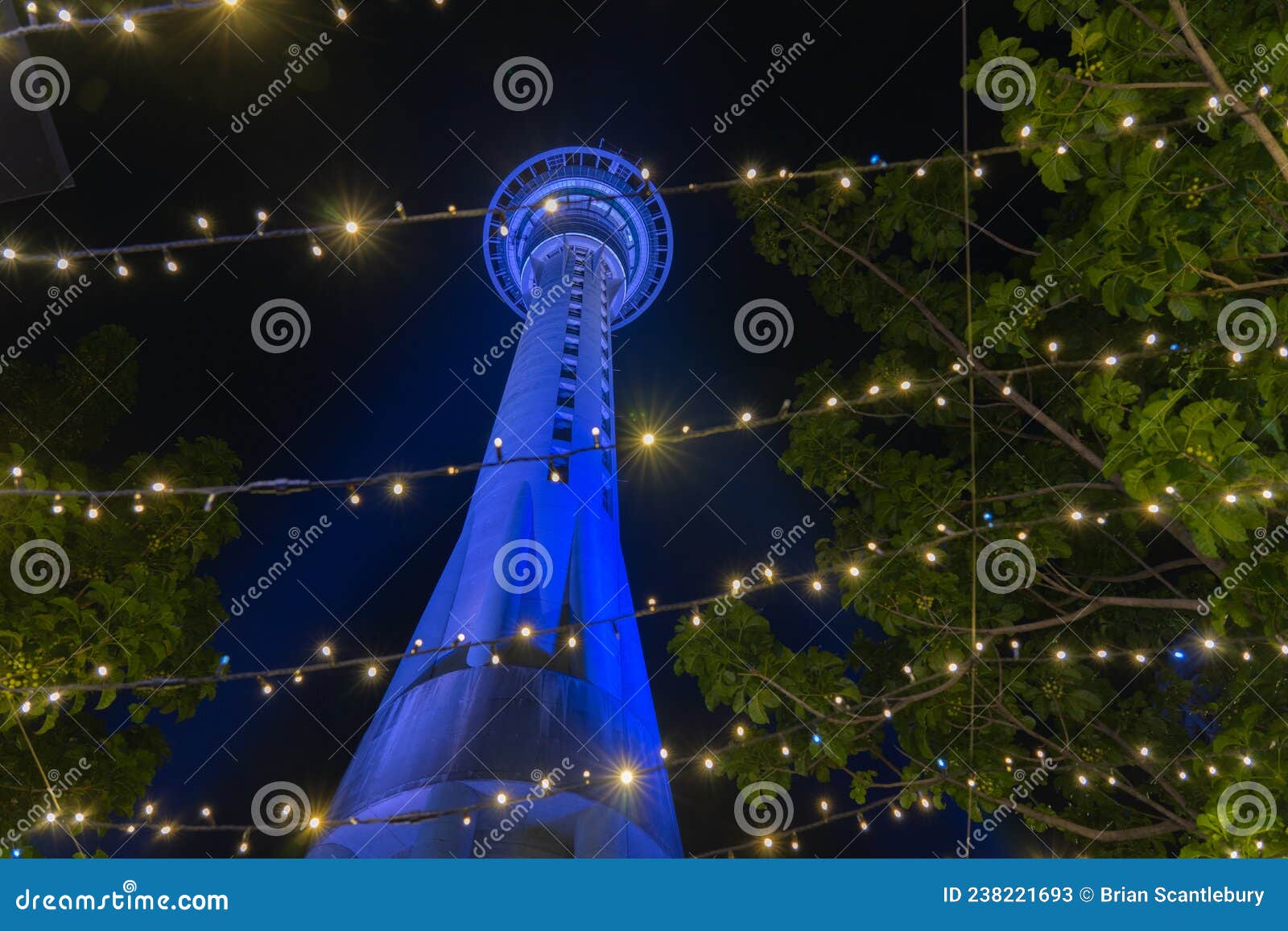Night Scene Tall Circular Tower Illuminated Blue Viewed through Strings ...