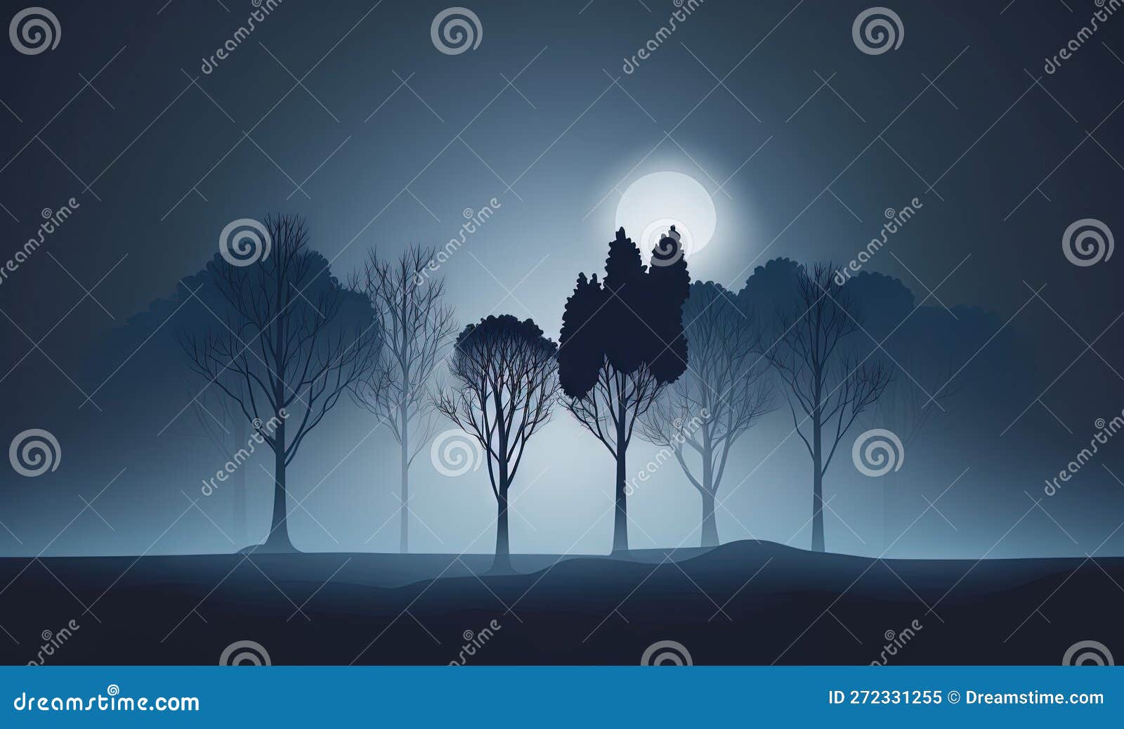 A Night Scene with Trees and a Full Moon in the Sky Stock Image - Image ...