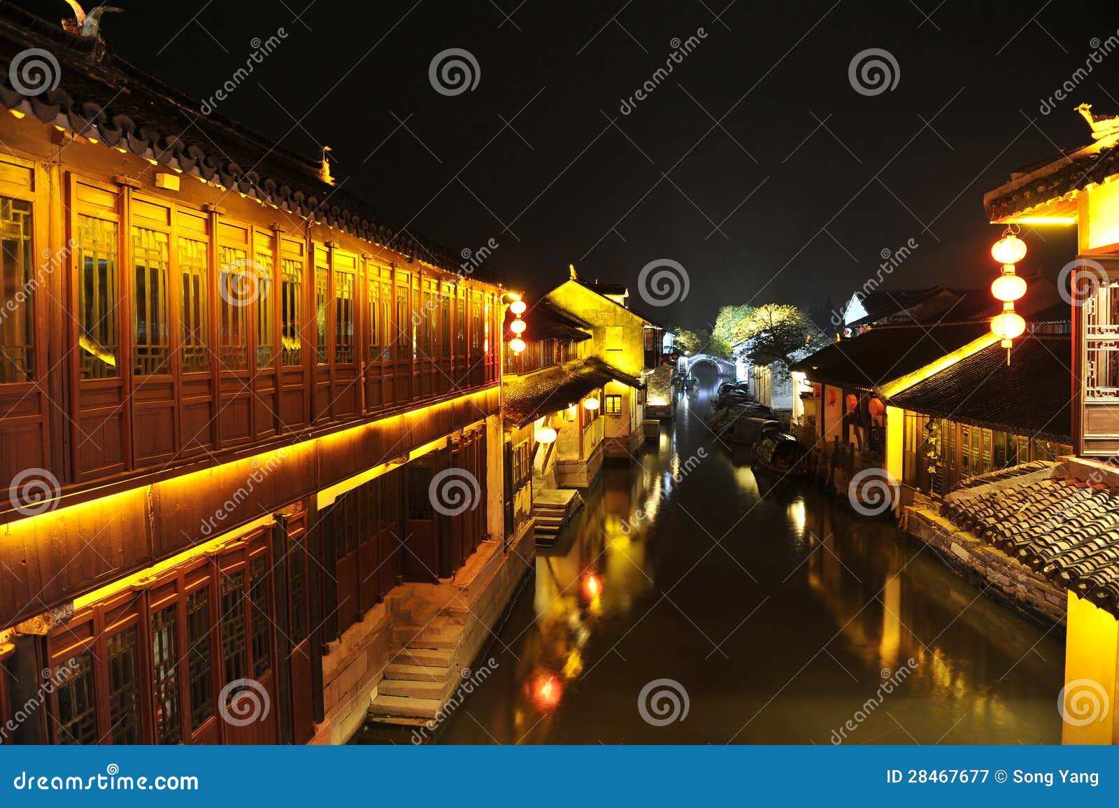 Night scene in Zhouzhuang stock image. Image of ancient - 28467677