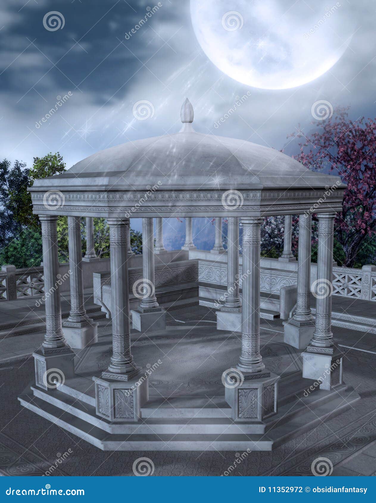 Night Scenery with a Gazebo Stock Illustration - Illustration of ...