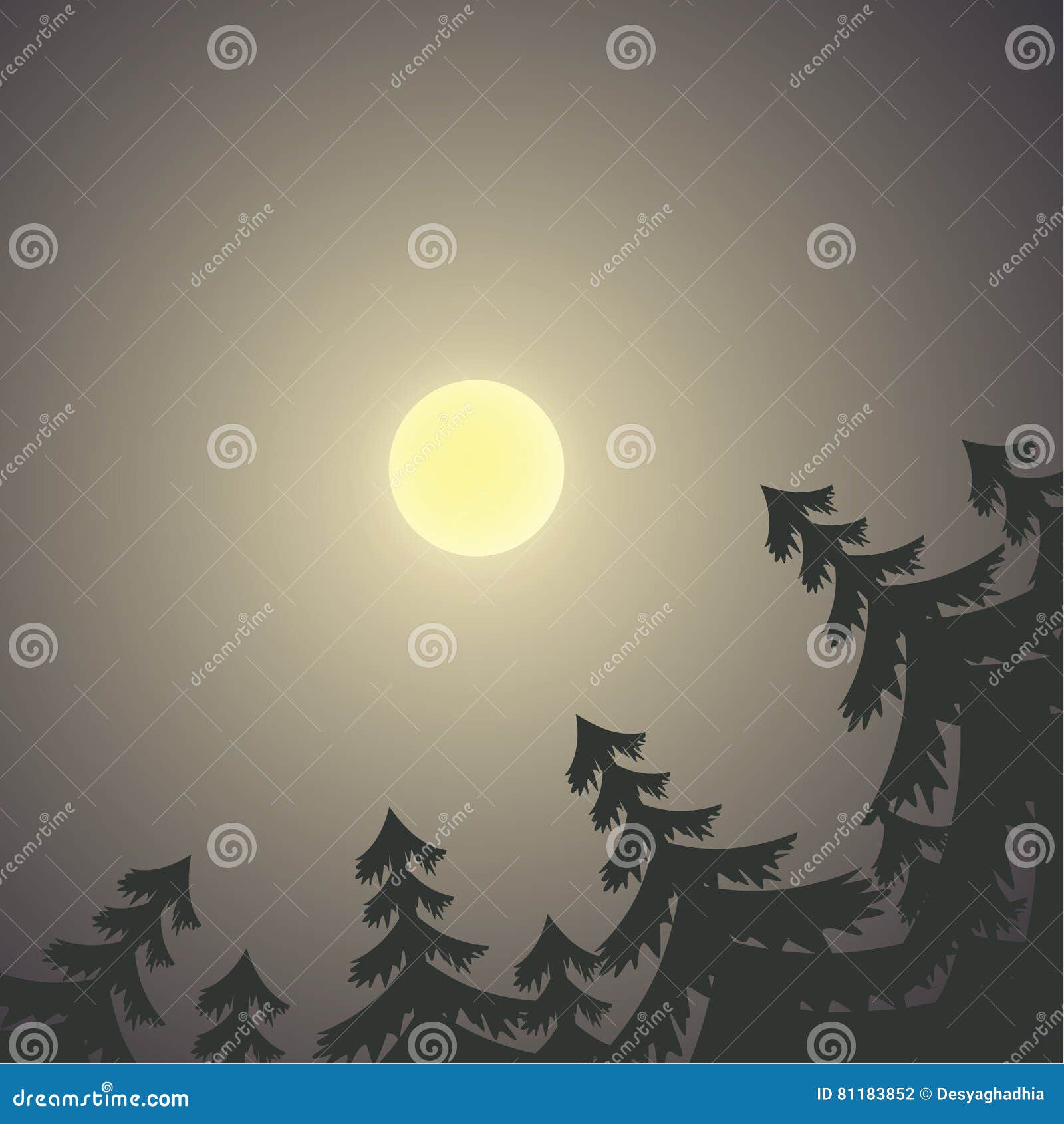 Night Scenery with Moon and Pine Trees Stock Vector - Illustration of ...