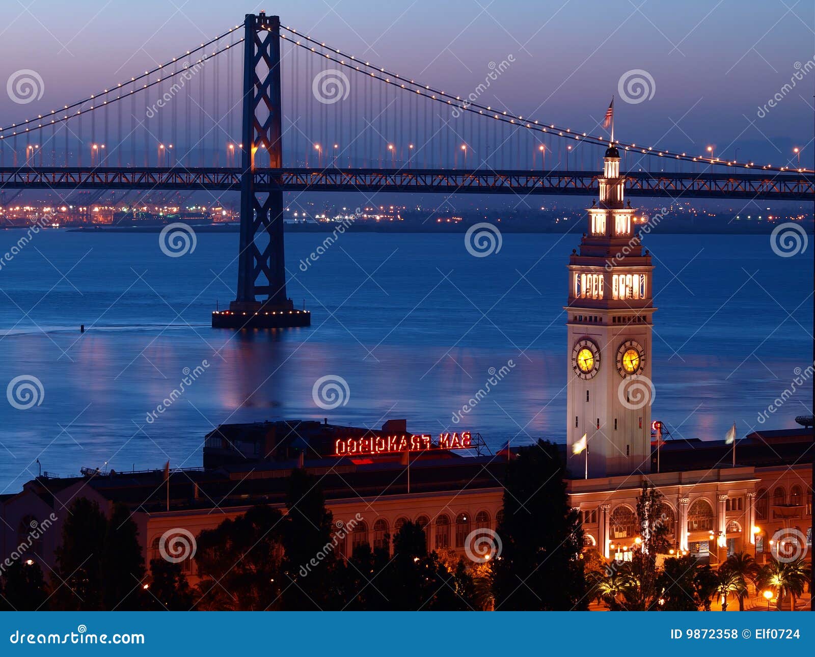 The Night Scenes of Ferry Building & Bay Bridge Stock Photo - Image of ...