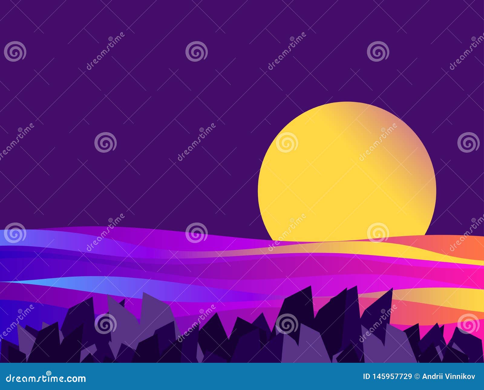 Night Seascape. Sunset, Gradient Waves. Yellow, Blue and Purple ...