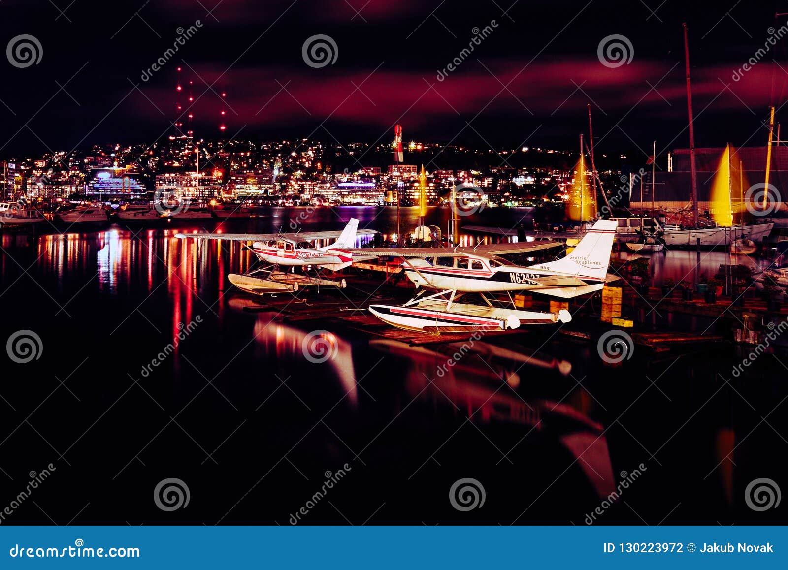 Night Seattle Scene with a Seaplane Base Editorial Photography - Image ...