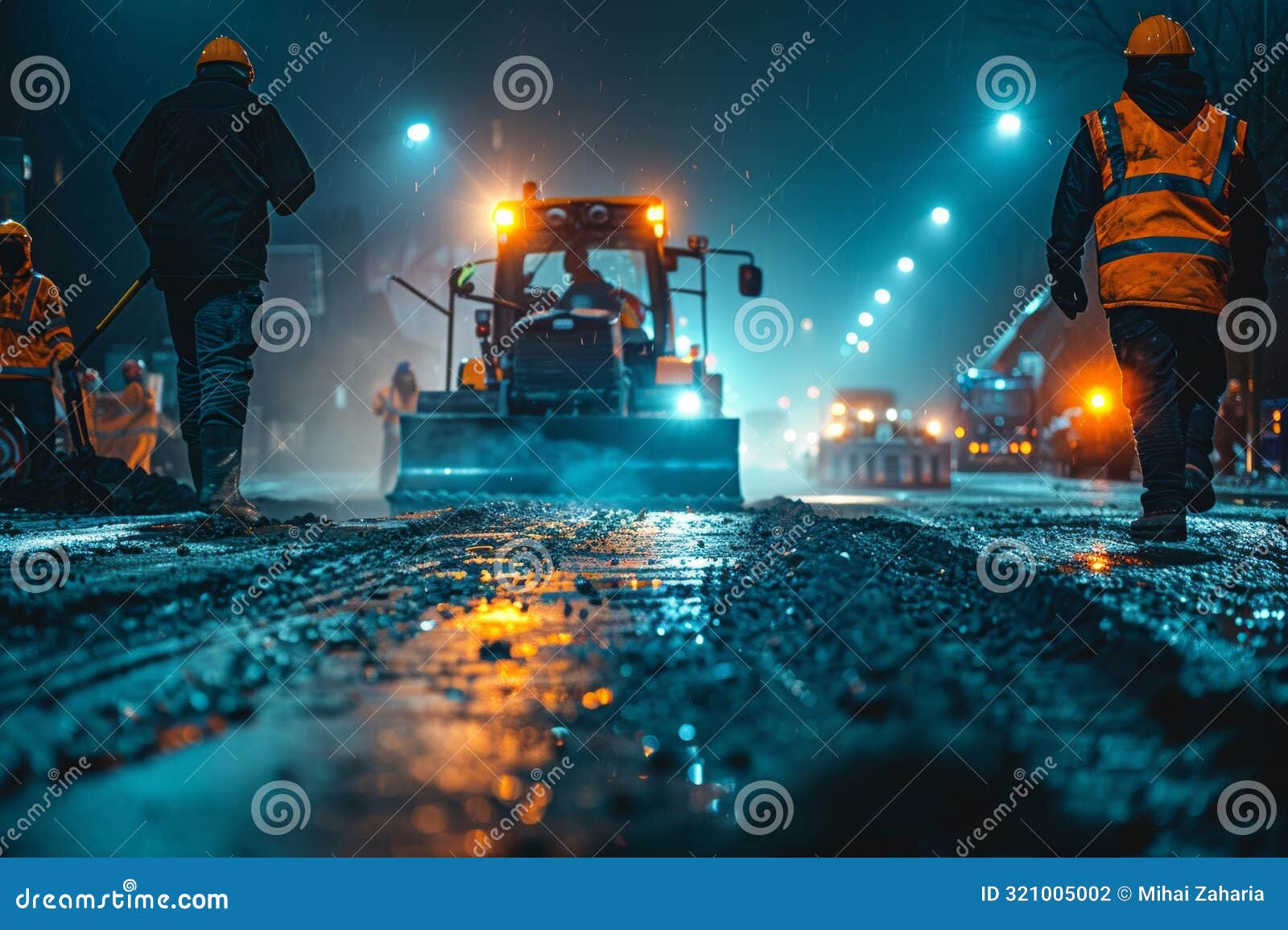 Night Shift Construction Workers Under Bright Floodlights Royalty-Free ...