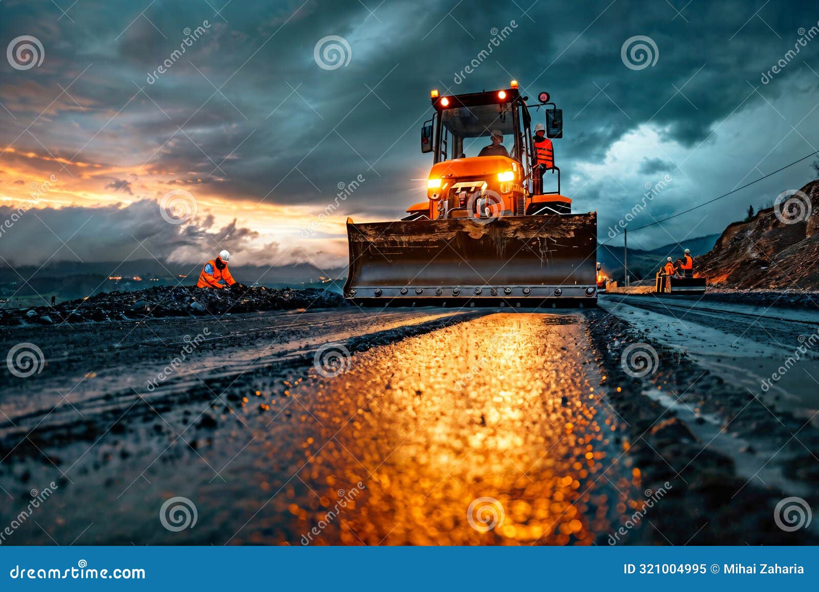 Night Shift Construction Workers Under Bright Floodlights Stock ...