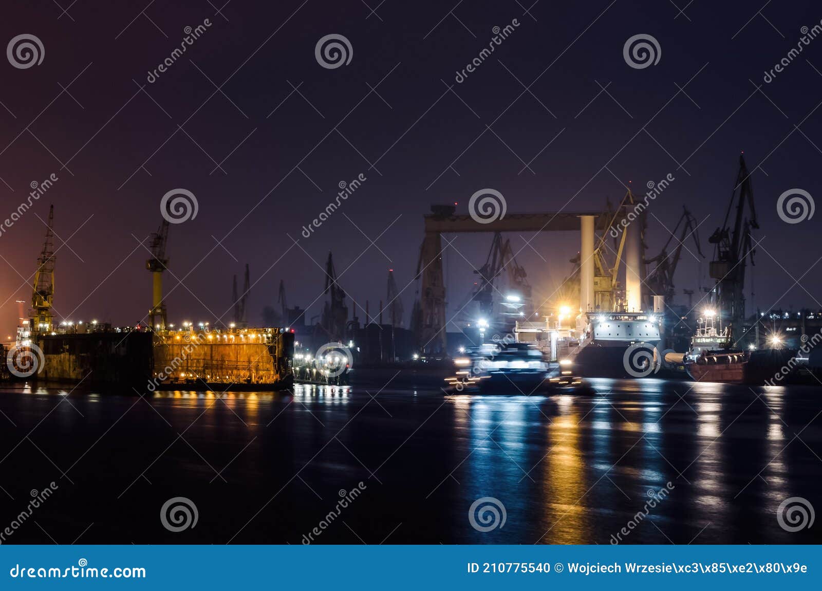 NIGHT in SHIPYARD stock photo. Image of night, traffic - 210775540