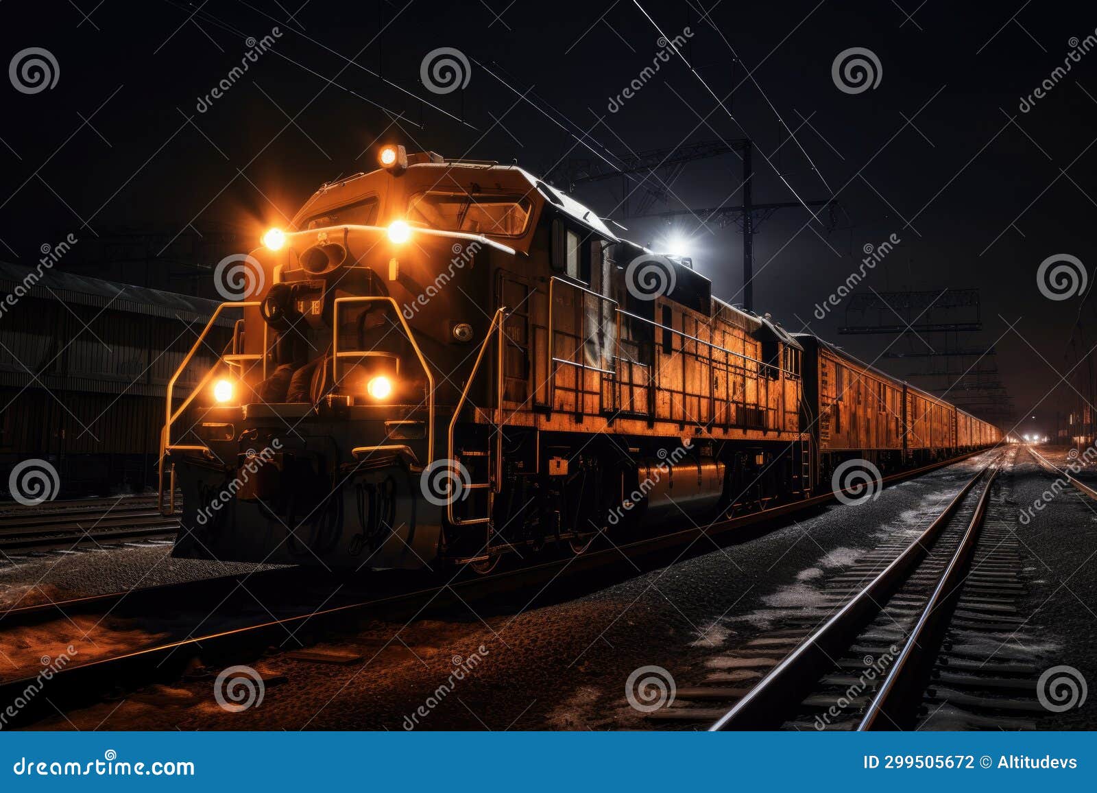 Night Shot of a Cargo Train Illuminated by Station Lights Stock Photo ...