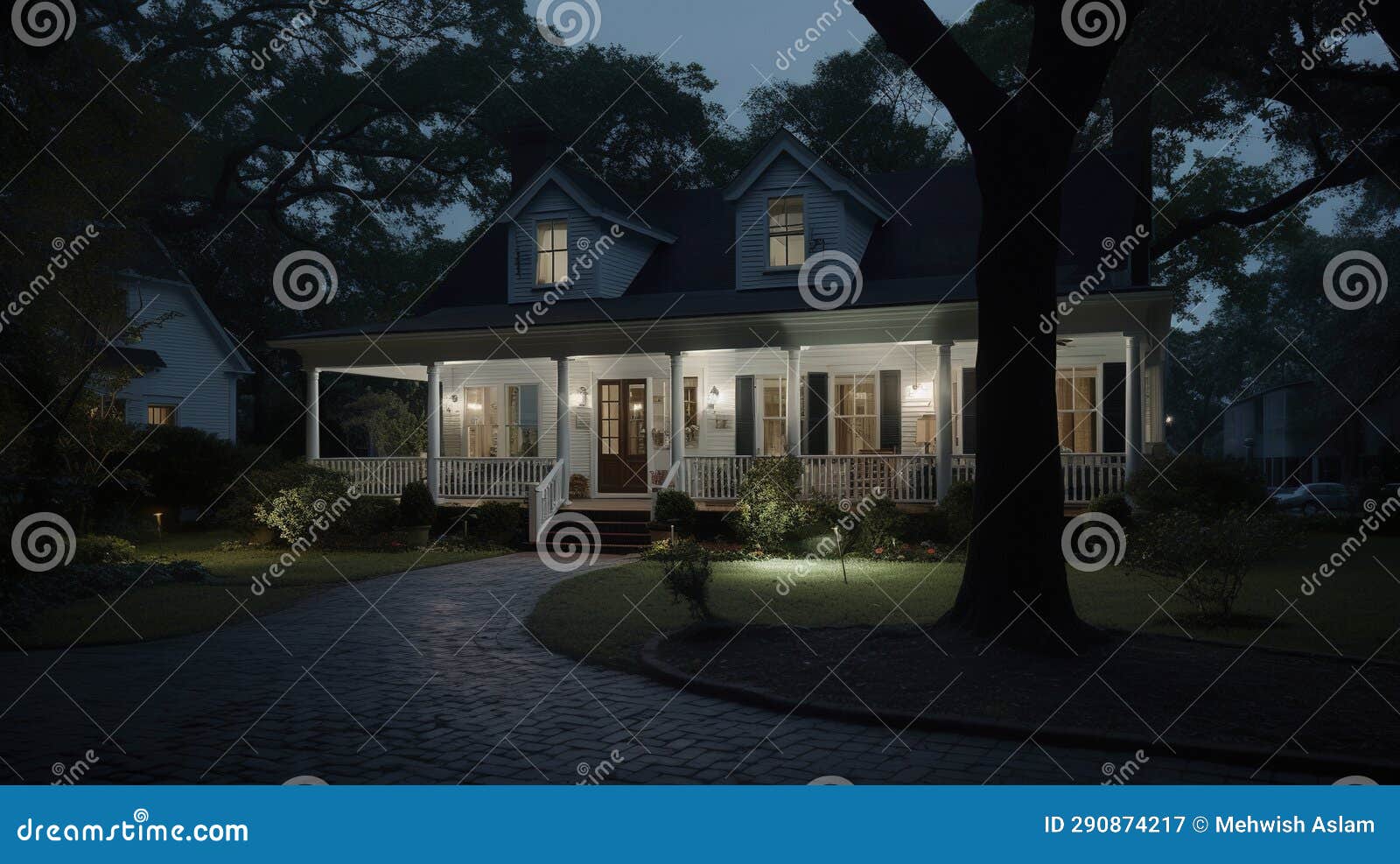 A Night Shot of a Colonial House with Soft Exterior Lighting Stock ...