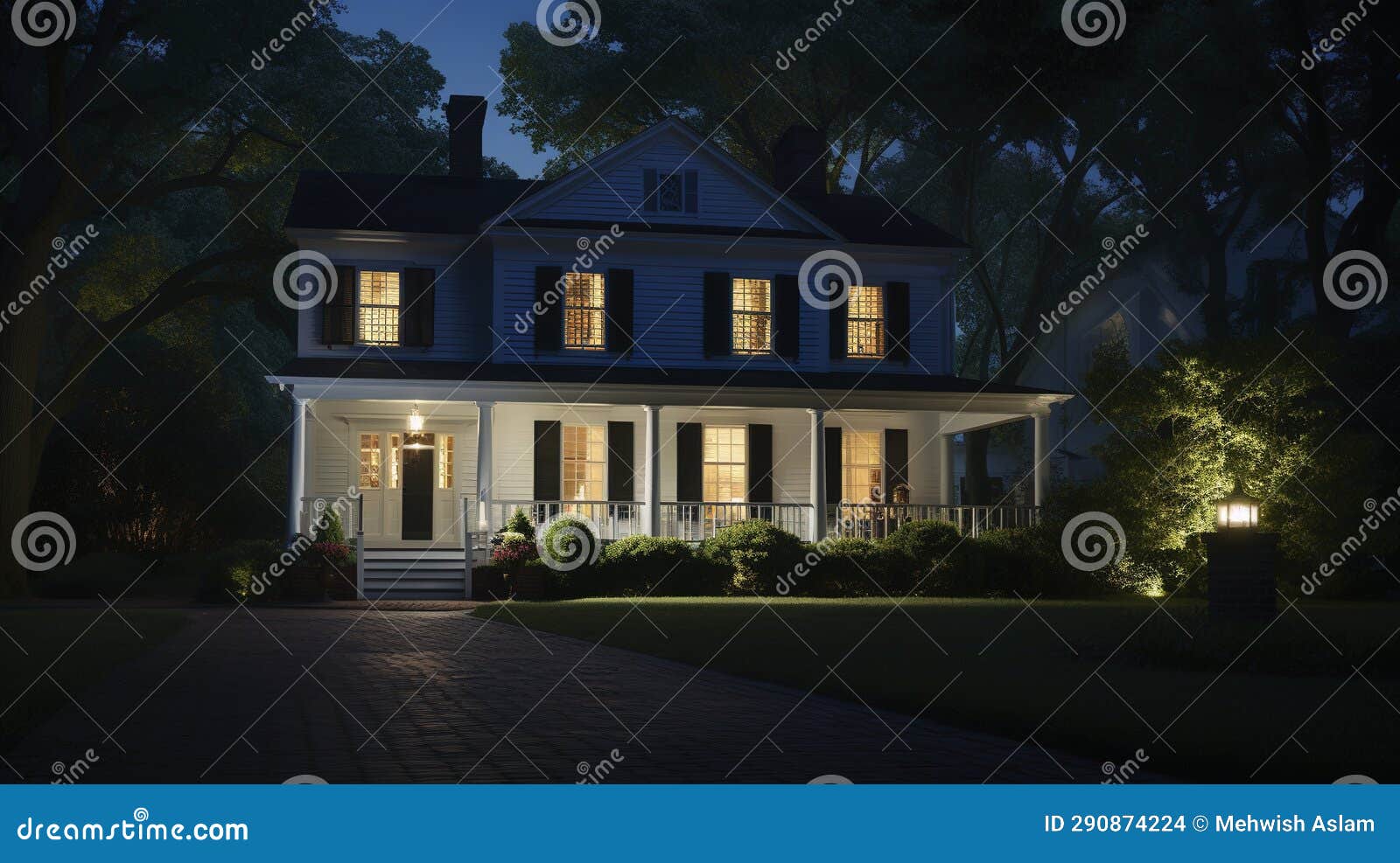 A Night Shot of a Colonial House with Soft Exterior Lighting Stock ...
