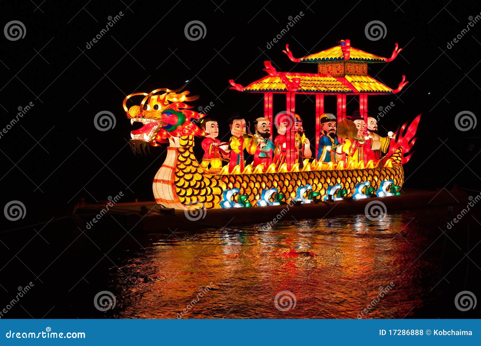 Night Shot of Dragon Boat with Lamp in River Stock Photo - Image of ...