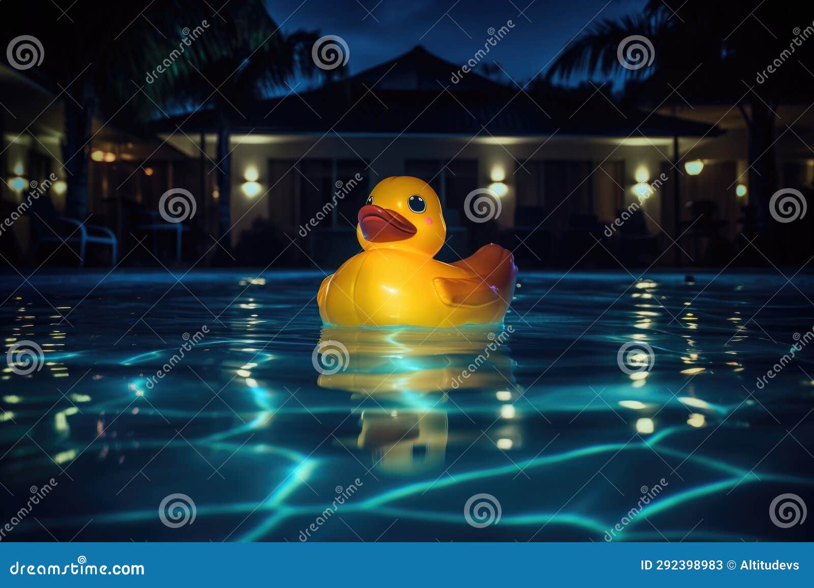 Night Shot of Glowing Rubber Duck Floating in Illuminated Pool Stock ...