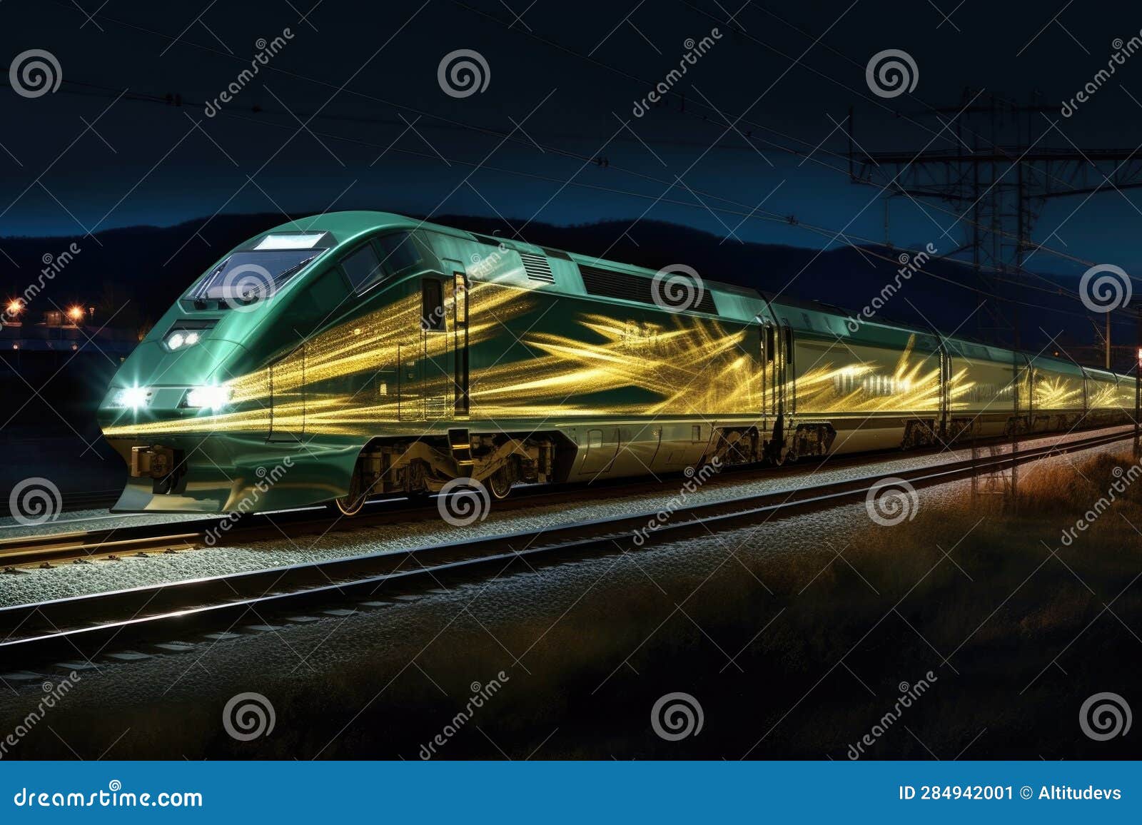 Night Shot of High-speed Train Lit Up with Streaks of Light Stock ...