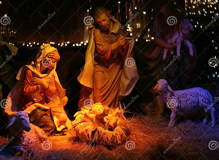 Night Shot of a Nativity Scene Stock Photo - Image of decorations ...