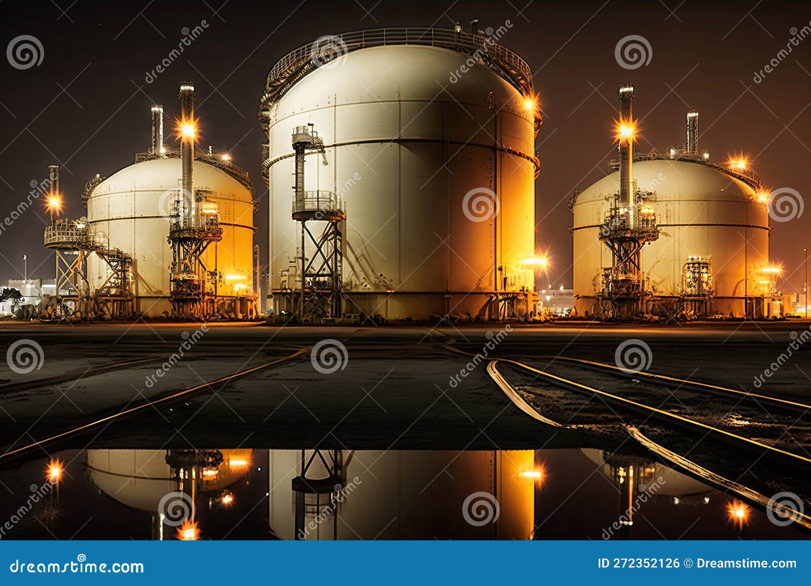 Night Shot of Oil Tanks at Refinery Complex Stock Illustration ...