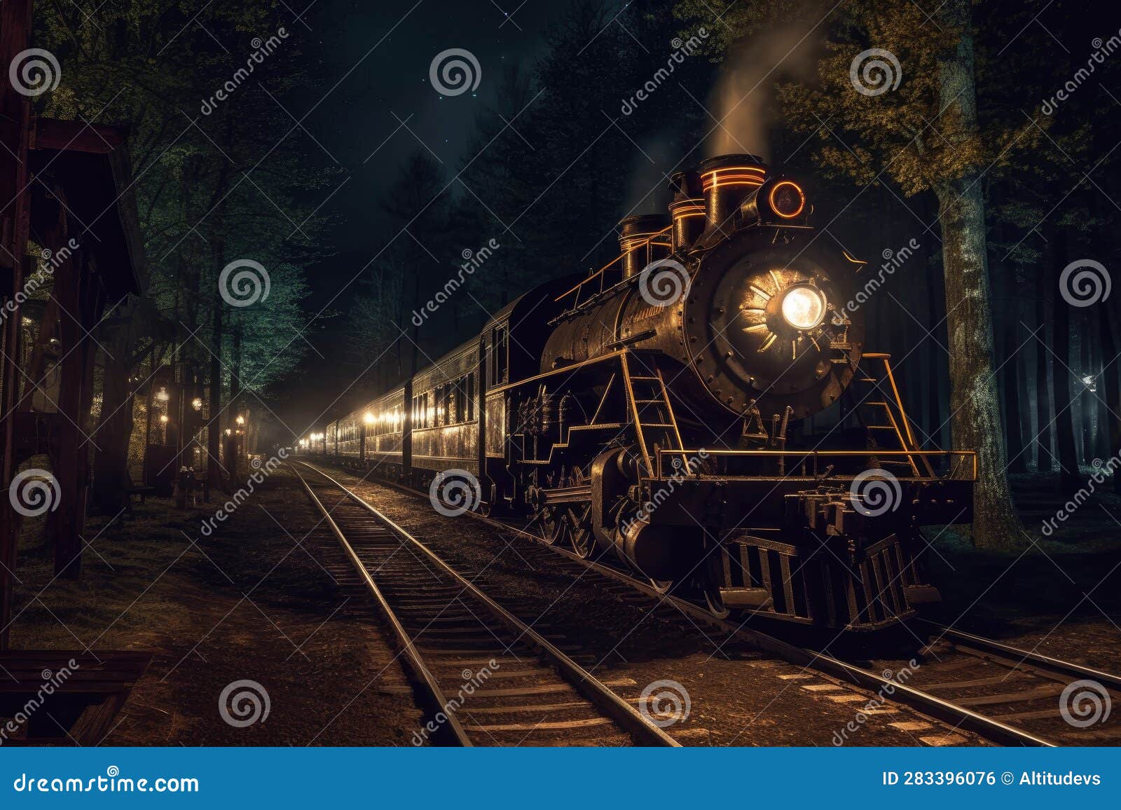 Night Shot of Steam Train with Glowing Lights Stock Photo - Image of ...
