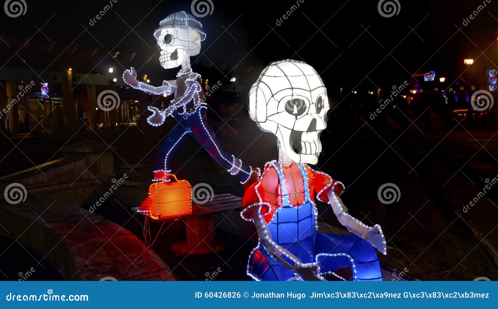 Night Shot of Two Skeleton Sculptures Lighten from Inside Editorial ...
