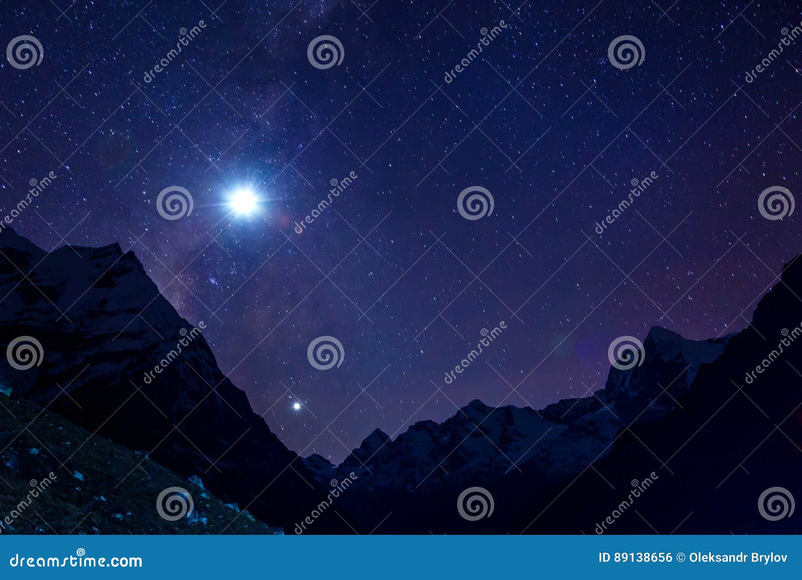 Night Sky with Bright Moon and Mountain Ridge Stock Photo - Image of ...