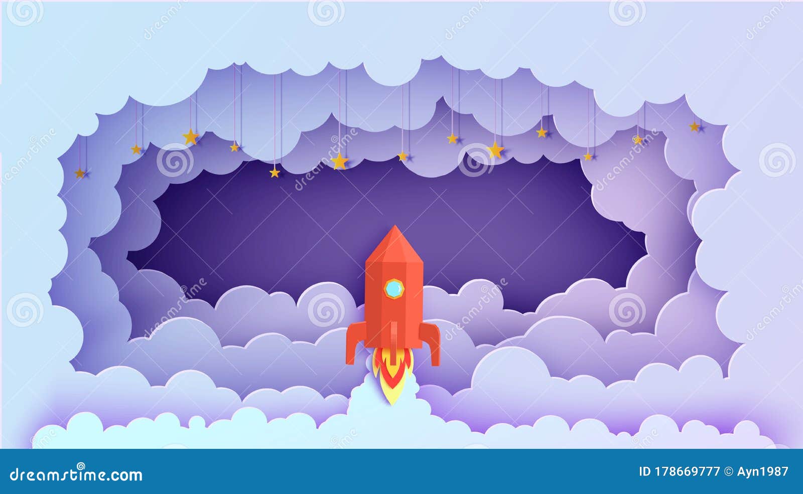 Night Sky Clouds Rectangular Frame and Red Rocket in Paper Cut Style ...
