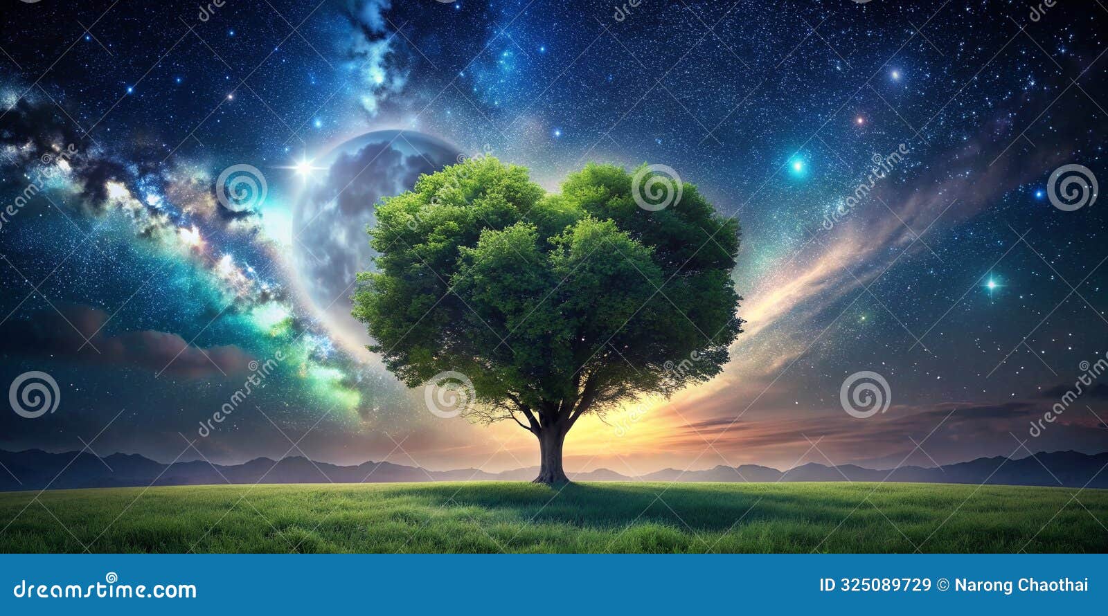 The Night Sky a Colossal Big Tree Forms a Heart Shape Colorful Creative ...
