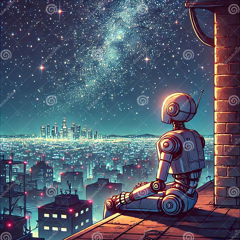 Night Sky and Curious Machine Stock Illustration - Illustration of ...
