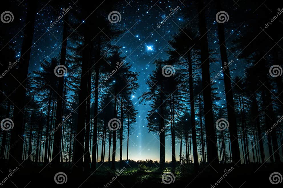 The Night Sky is Filled with Stars in a Forest Stock Illustration ...